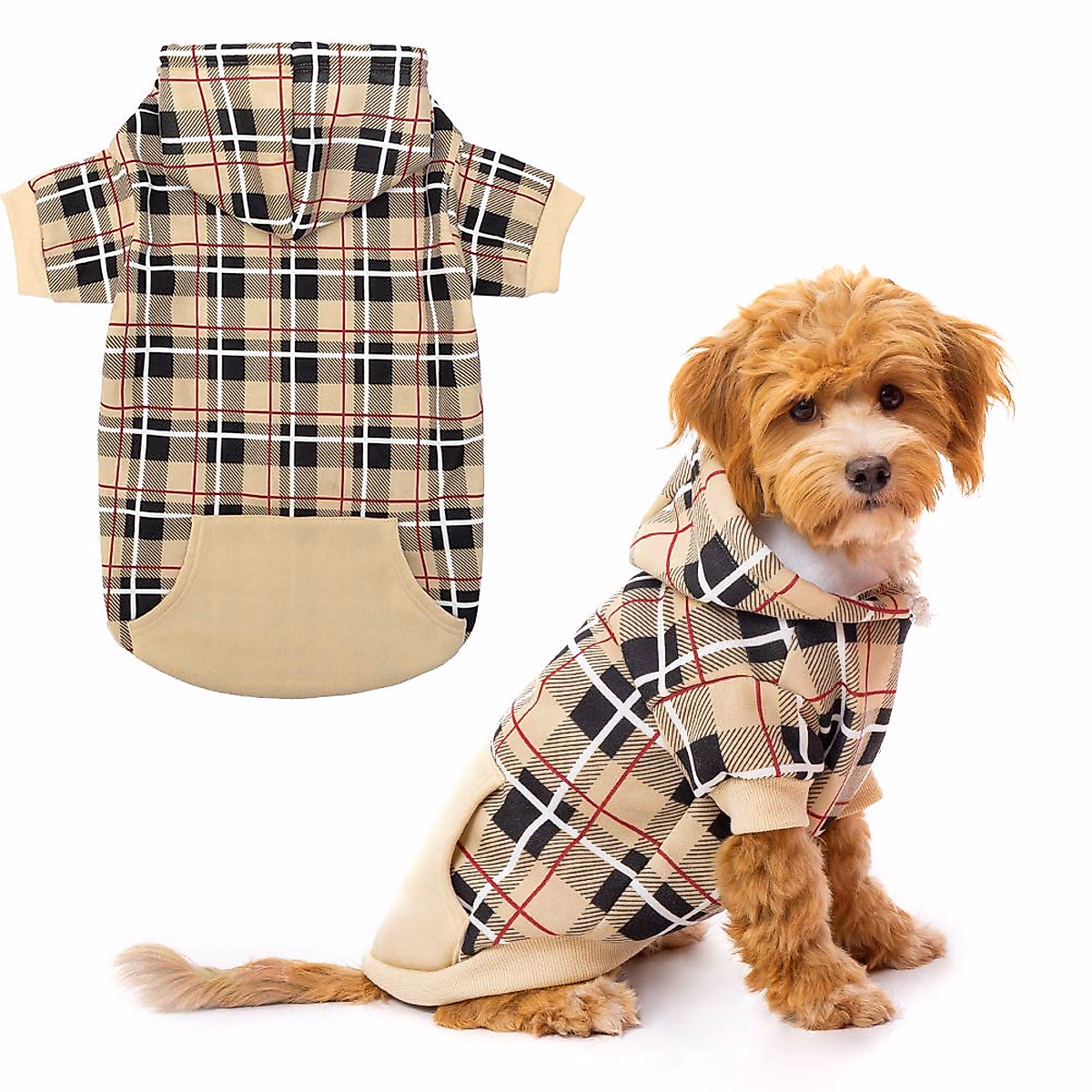 EXPAWLORER Plaid Dog Hoodie - British Style Soft and Warm Dog Sweater with Leash Hole, Hooded Cold Weather Clothes, Dog Sweatshirt, Outfits, Winter Coat for Small Medium Large Dogs