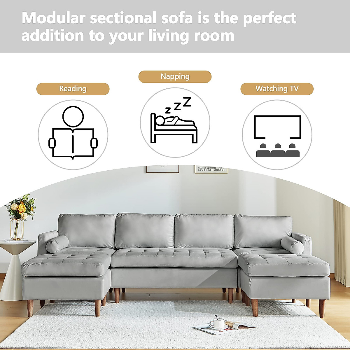 ORRD U-Shape Convertible Sectional Sofa, Modular Sleeper Couch Chaise Modern 6 Seater Velvet Sofa for Living Room, Bedroom, Apartment