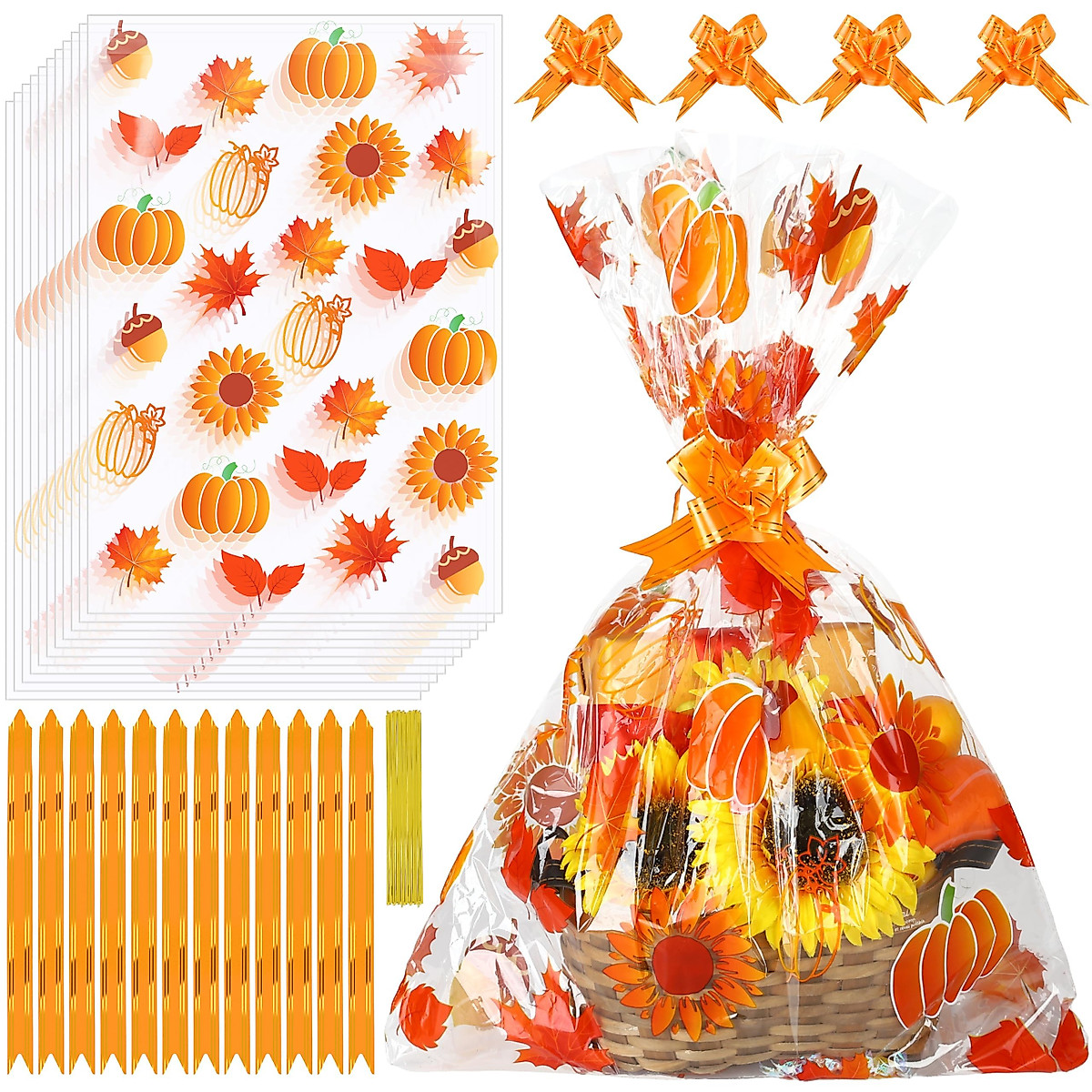 MIMIND 12 Pieces Fall Thanksgiving Large Basket Bags Cellophane Gift Bags Bulk 19.7 x 27.6 Inch Fall Plastic Gift Wrap Bags with 12 Pull Bows 20 Twist Ties for Thanksgiving Gift Baskets