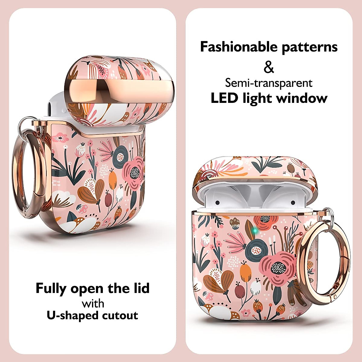 TATOFY Case Cover for AirPods 1&2, Stylish AirPods Case for Women Girls, Flower Patterns Protective Hard Case with Clip (Pink)