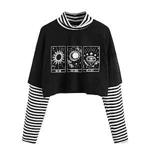 SweatyRocks Women's Color Block Butterfly Print Striped Long Sleeve Crop Top T Shirt Graphic Black White M