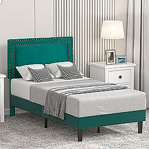 VECELO Twin Size Platform Bed Frame with Height Adjustable Upholstered Headboard, Modern Mattress Foundation,Strong Wood Slat Support, No Box Spring Needed, Easy Assembly