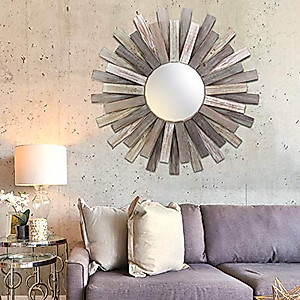 Stonebriar Large Round 32" Wooden Sunburst Wall Mirror with Attached Hanging Bracket, Decorative Rustic Decor for the Living Room, Bathroom, Bedroom, and Entryway