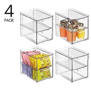 mDesign Stackable Storage Containers Box with 2 Pull-Out Drawers - Stacking Plastic Drawer Bins for Kitchen Pantry and Cupboard, Cabinet, Counter, Island and Tables - Lumiere Collection, 4 Pack, Clear