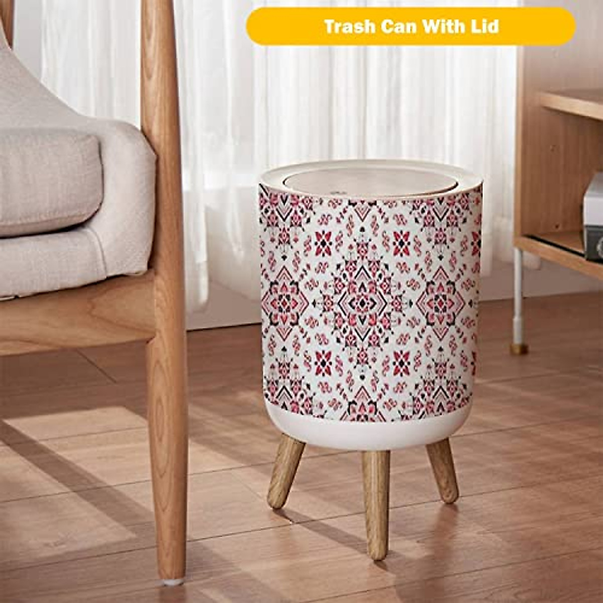 Small Trash Can with Lid Seamless Based on Ornament Paisley Bandana Print Vintage Style Silk Wood Legs Press Cover Garbage Bin Round Waste Bin Wastebasket for Kitchen Bathroom Office 7L/1.8 Gallon