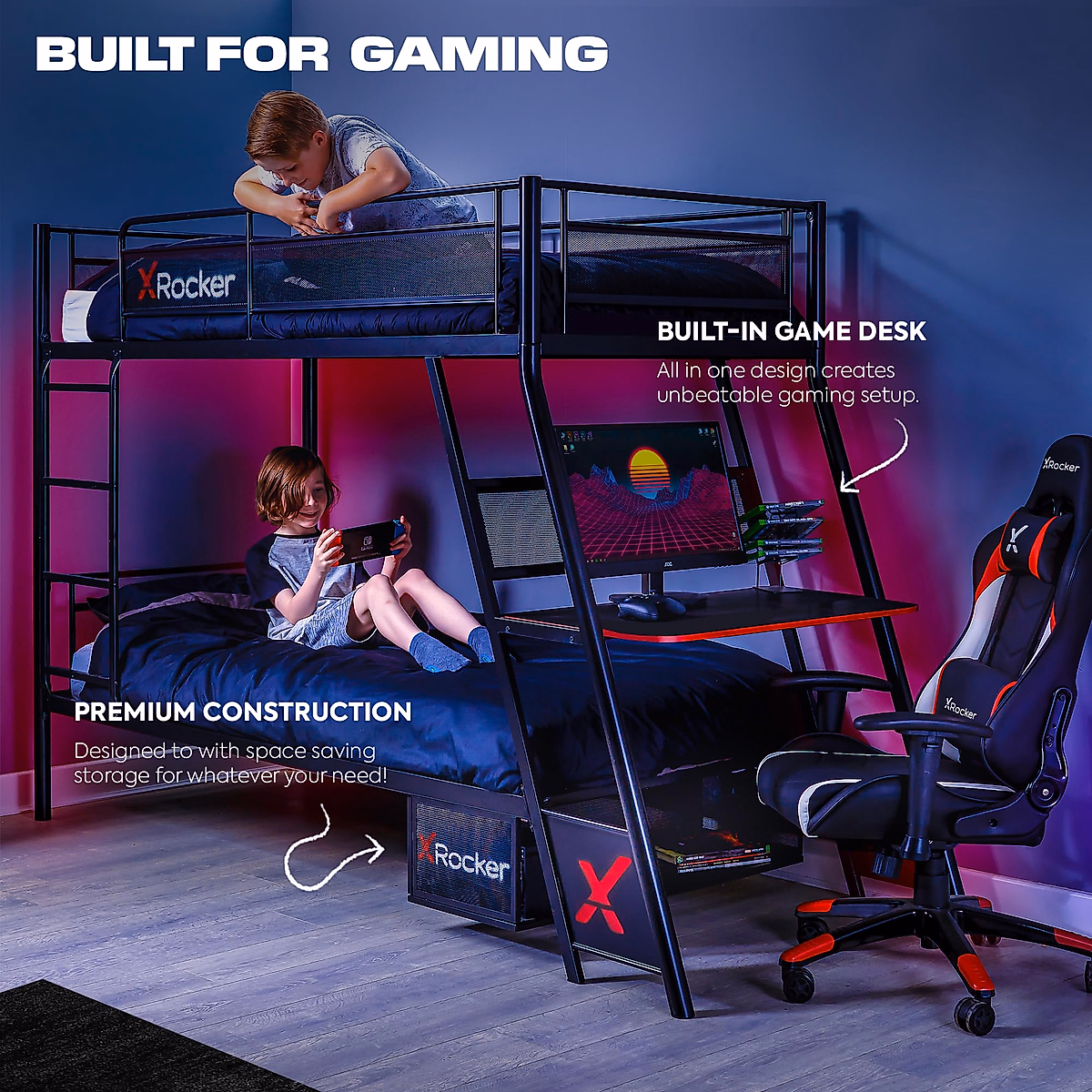 X Rocker Armada Gaming Bunk Bed, Durable Metal Frame, Built-in Gaming Desk, Safe Ladder, Grid Mesh Sides, 7000301, 95.6" x 41.5" x 64.2", Twin Over Twin, Black