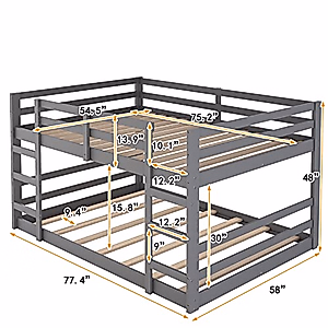 Bunk Beds Full Over Full Low Bunk Bed Frame Wood Floor Bunkbed for Kids Toddlers Boys Girls Teens’ Bedroom Dorm, Gray