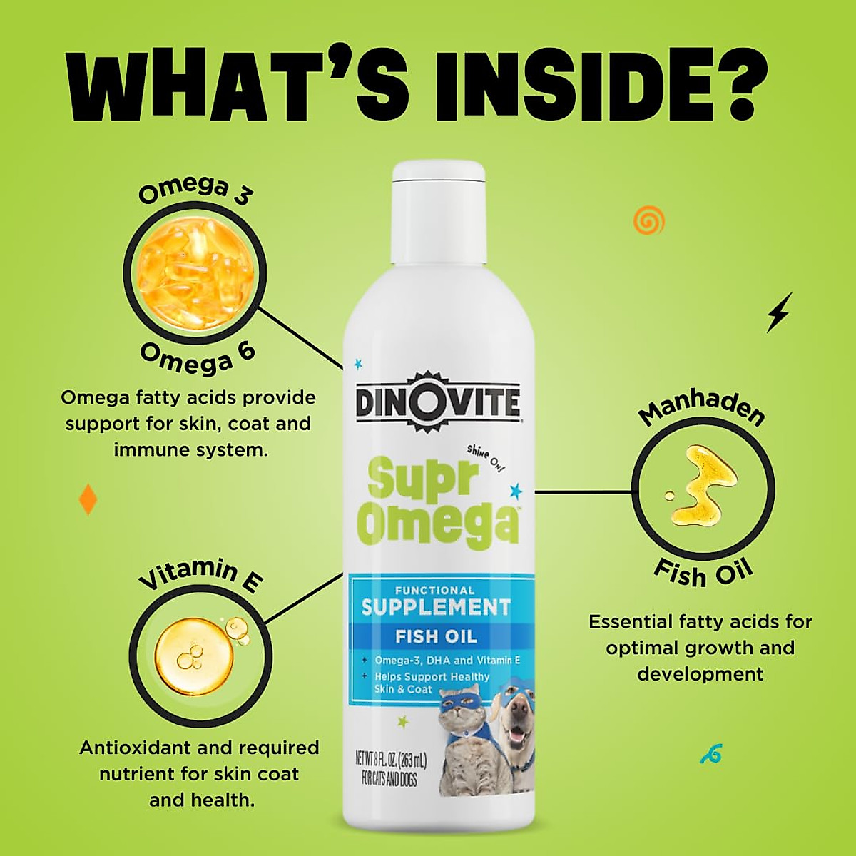 Dinovite SuprOmega Fish Oil for Dogs & Cats - Vitamin E & Omega 3 Meal Topper - Skin & Coat Health for Dogs & Cats - 8 oz