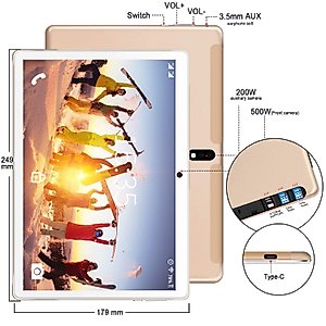 AOYODKG TAB-A22 10 Inch Tablet with Keyboard, Android 10, Octa-core Processor, 64GB Storage, 4GB RAM, 256GB Expandable, WiFi, GPS, 1920x1200 HD Display, Gold
