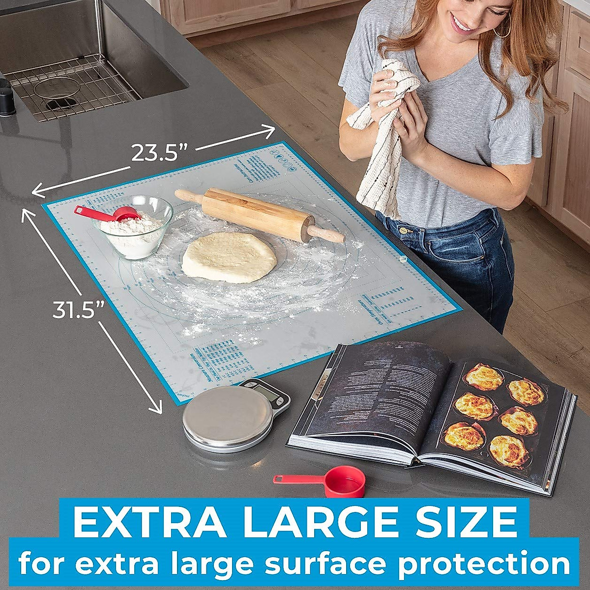 XXL SIZE Silicone Pastry Mat For Rolling Dough Non Slip Extra Large - 23,5'' x 31,5'' Dough Mat for Rolling - Rolling Mat For Dough with Measurements - Nonstick Fondant Mat - Large Silicone Baking Mat