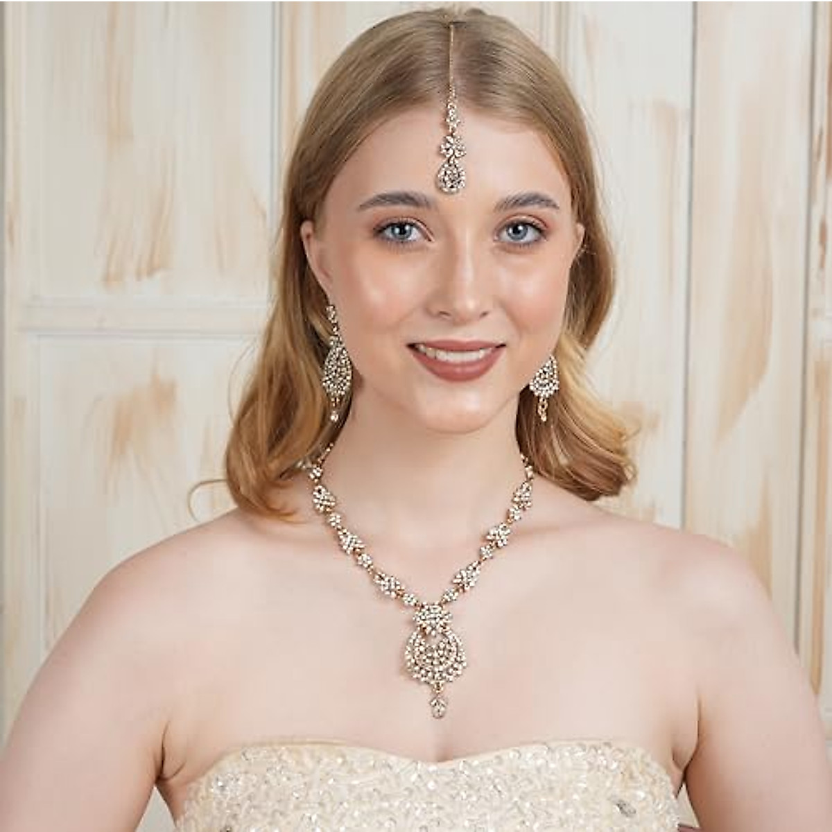 Touchstone Indian Bollywood Trends Filigree Floral Pattern Sparkling Rhinestone Designer Jewelry Necklace Set Mangtika In Antique Gold Tone For Women.