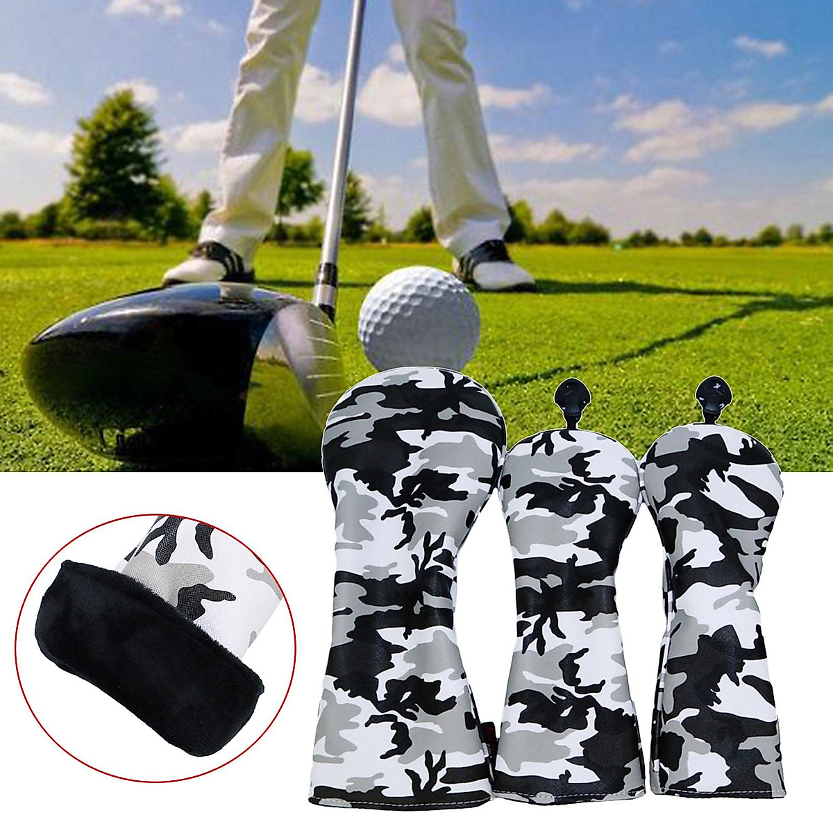Milageto 3 PCS Waterproof Camouflage Golf Club Head Covers for Fairway Wood and Driver Headcover Black Camo Pattern with Number Tag - 3PCS No 1 3 5