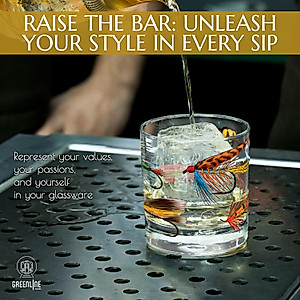 Greenline Goods – Fly Fishing Glass Set for Fisherman and Outdoorsman – Fly Lures Themed 10 oz Whiskey Drinking Glass Set of 2