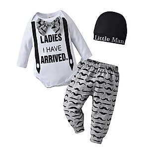 KuKitty Newborn Infant Baby Boy Clothes Long Sleeve Bow Ladies I Have Arrived Romper + Moustache Pants + Hat 3PCS Outfits Set (0-3 Months) Grey