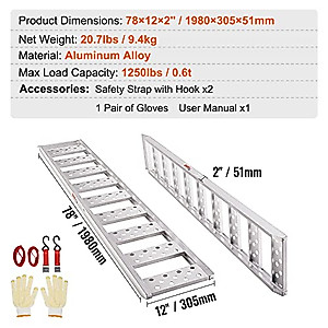 VEVOR Aluminum Ramps, 1250 lbs, Straight Ramp with Treads and Load Straps, Portable Loading Ramp for Motorcycles, ATVs, Trucks, Lawn Mowers, Dirt Bikes, Garden Tractors, 78" L x 12" W, 2Pcs