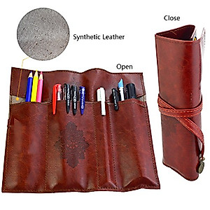 Miayon Twilight Retro Bandage Synthetic Leather Pen Bag Pencil Case Makeup Pouch,Vintage Style Rollup Pencil Case, Pencil Bag(Dark Brown)