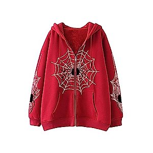 Karwuiio Women's Spider Zip Up Hoodie Y2K Oversized Vintage Graphic Hooded Sweatshirt Goth Grunge Aesthetic Hoodies (Red, S)
