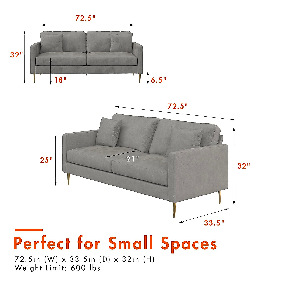 CosmoLiving by Cosmopolitan Highland Sofa with Pillows, Gray Velvet