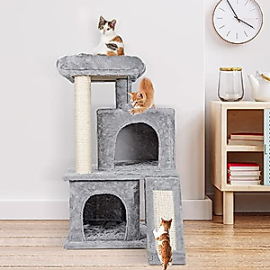 Nova Microdermabrasion Cat Tree, 34 Inches Ultra Soft Plush Covering with Sisal Rope Posts for Scratching, House Furniture for Kittens, Grey