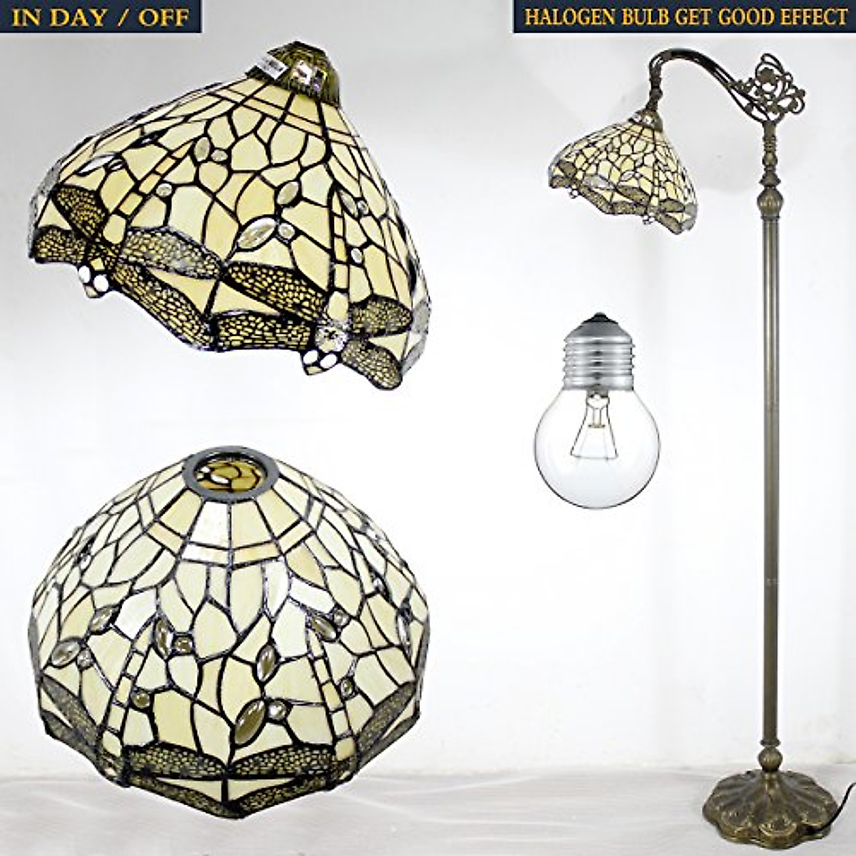 WERFACTORY Tiffany Floor Lamp Cream Stained Glass Dragonfly Arched Lamp 12X18X64 Inches Gooseneck Adjustable Corner Standing Reading Light Decor Bedroom Living Room S139 Series