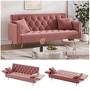 ONEMMLION Modern Velvet Futon Sofa Bed, Small Couch, Loveseat, 71" Convertible Futon Sofa with Folding Armrests and 2 Pillows, Comfy Couch for Living Room, Bedroom, Rose Pink