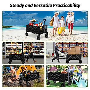 Eusuncaly Collapsible Wagon Cart Heavy Duty for Groceries, Folding Beach Wagon with All Terrain Wheels, Utility Large Capacity Wagon with 2 Drink Holders for Outdoor Camping Shopping Sports, Black