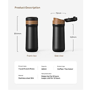 i cafilas Portable French Press Coffee Maker with Unique Filter Vacuum Insulated Travel Coffee Mug 12oz Hot/Cold Brew Coffee Press Stainless Steel Coffee & Tea Maker Great for Camping and Travel