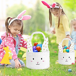 Easter Basket for Toddlers Babies, Cute Fluffy Bunny Basket with Foldable Ears, Easter Baskets Bags for Easter Egg Hunts, Plush Personalized Easter Basket Empty for Kids Girls Boys Gifts, White