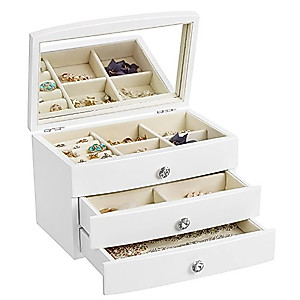 SONGMICS Jewelry Box, 3-Tier Wooden Jewelry Case, Jewelry Organizer with Large Mirror, for Rings, Necklaces, Earrings, Bracelets, White UJOW03W
