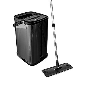 Black Flat Floor Mop and Bucket Set, Stainless Steel Bucket and Telescopic Handle, 2 Washable Mop Pads, Professional Home and Office Cleaner for All Types of Floors, Hardwood, Laminate, Tile