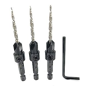 FTG USA Countersink Drill Bit Set 3 Pc #6 (9/64") Wood Countersink Drill Bit Pack Same Size Set with 12 Replacement Bits #6 (9/64") Tapered Countersink Bit, with 1 Hex Wrench,