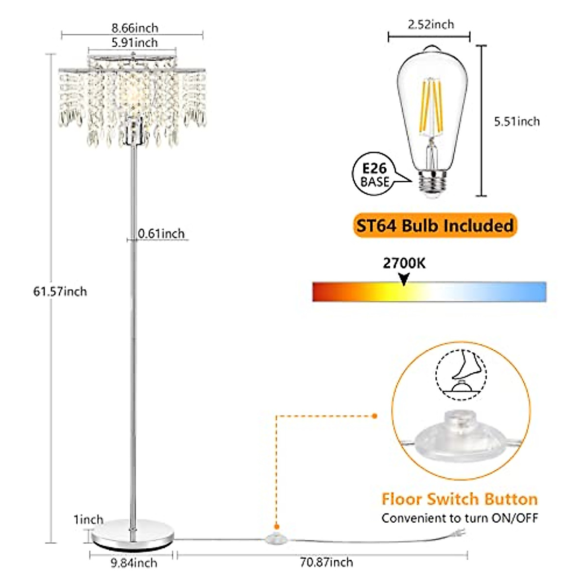 Mlambert Double-Layer Modern Lampshade Crystal Floor Lamp for Bedroom for Livingroom,Elegant Standing Lamp,61.57" Tall Pole Lamp,Suitable for Bedroom,Livingroom,6W LED Bulb Included,Silver
