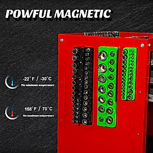 AMNBREI Magnetic Socket Organizer, 6 Piece Set Metric and SAE Magnetic Socket holders Holds 143 Sockets, 1/2-inch, 3/8-inch, 1/4-inch Drive， Attaches to Metal Wall, Organizer Tool Box, Green and Black