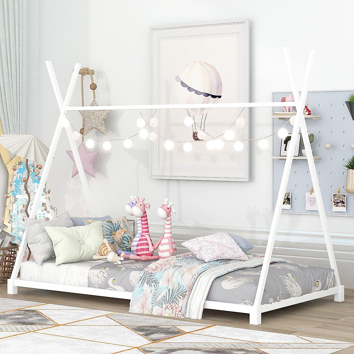 Twin Floor Bed with Slats and Triangle Structure, Montessori Floor Bed Frame Twin Size, Twin Size House Floor Bed/Montessori Bed for Kids, Girls, Boys, White