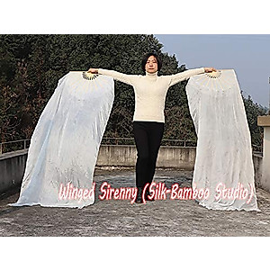 Winged Sirenny Belly Dance Silk Fan Veils Adjustable Pairs, 70"(180 cm) Worship Praise Flags Streamers(white)