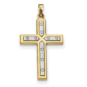 14k Yellow Gold Hollow Latin Cross Pendant With Rhodium Center And Rivet Style Accents 33 mm x 20 mm