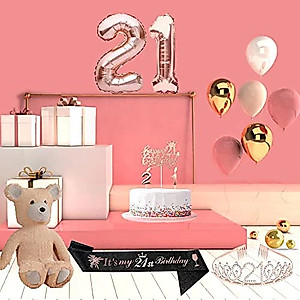 GYESXYW 21st Birthday Decorations for Her, Including 21st Birthday Sash Black Rose Gold, Cake Topper Candle and 32 Inch Rose Gold Large Foil Mylar Digital Balloons 21, 21st Birthday Gifts for Her