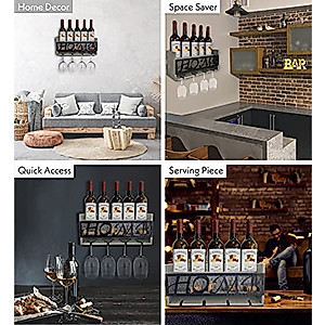 CoTa Global Modern Grey Wall Mounted Wine Rack - Wooden Wine Bottle Holder for 5 Bottles & 4 Wine Glasses with Cork Storage, Hanging Metal Home Sign & Organizer Wood Shelf for Wine Bar & Home Décor