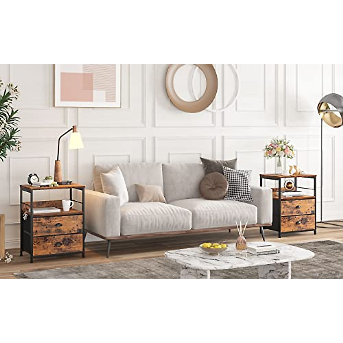 Furologee Nightstand with 2 Fabric Drawers, Bedside Table, End Table with Open Wood Shelf, Side Sofa Table with 2 Hooks for Bedroom/Living Room/Study/Halway/Rustic Brown