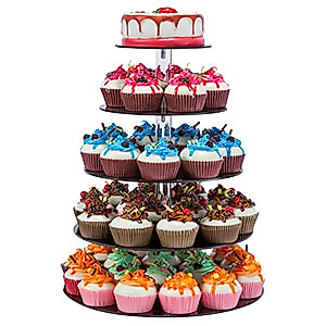 SinoAcrylic Cupcake Stand - 5 Tiers Round Cupcake Tower - Tiered Serving Dessert Cake Holder - Unique Black Exquisite Plate - Perfect for Wedding, Birthday, Party, Baby Shower and Christmas