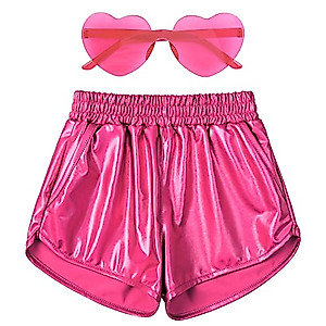 Metallic Shorts for Big Girls Red Light Dance Shorts Shiny Hot Pants 12 13 with Sunglasses