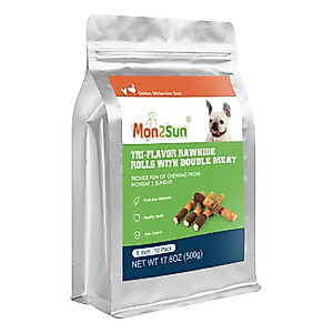 MON2SUN Dog Treats, Triple Flavor 6 Inch Chicken Liver Chicken Duck and Chicken Wrapped Rawhide Sticks, Teeth Cleaning Dog Snacks for Medium Dogs, 17.6 oz (10 Count-Pack of 1)