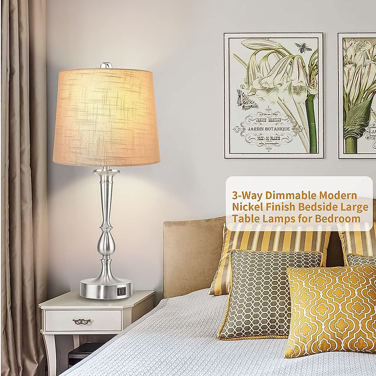 PARTPHONER Set of 2 Touch Control Table Lamp with Dual USB Charging Ports Desk Lamps, 3-Way Dimmable Modern Nickel Finish Bedside Large Table Lamps for Living Room, Bedroom