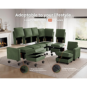 CHIC HOUSE Modular Sectional Sofa Corduroy Couch, Customizable U-Shaped Sofa with Storage Ottoman, Reversible Chaise for Living Room, Oversized L-Shaped Sofa Set (Green, 4 Seater Sectional)