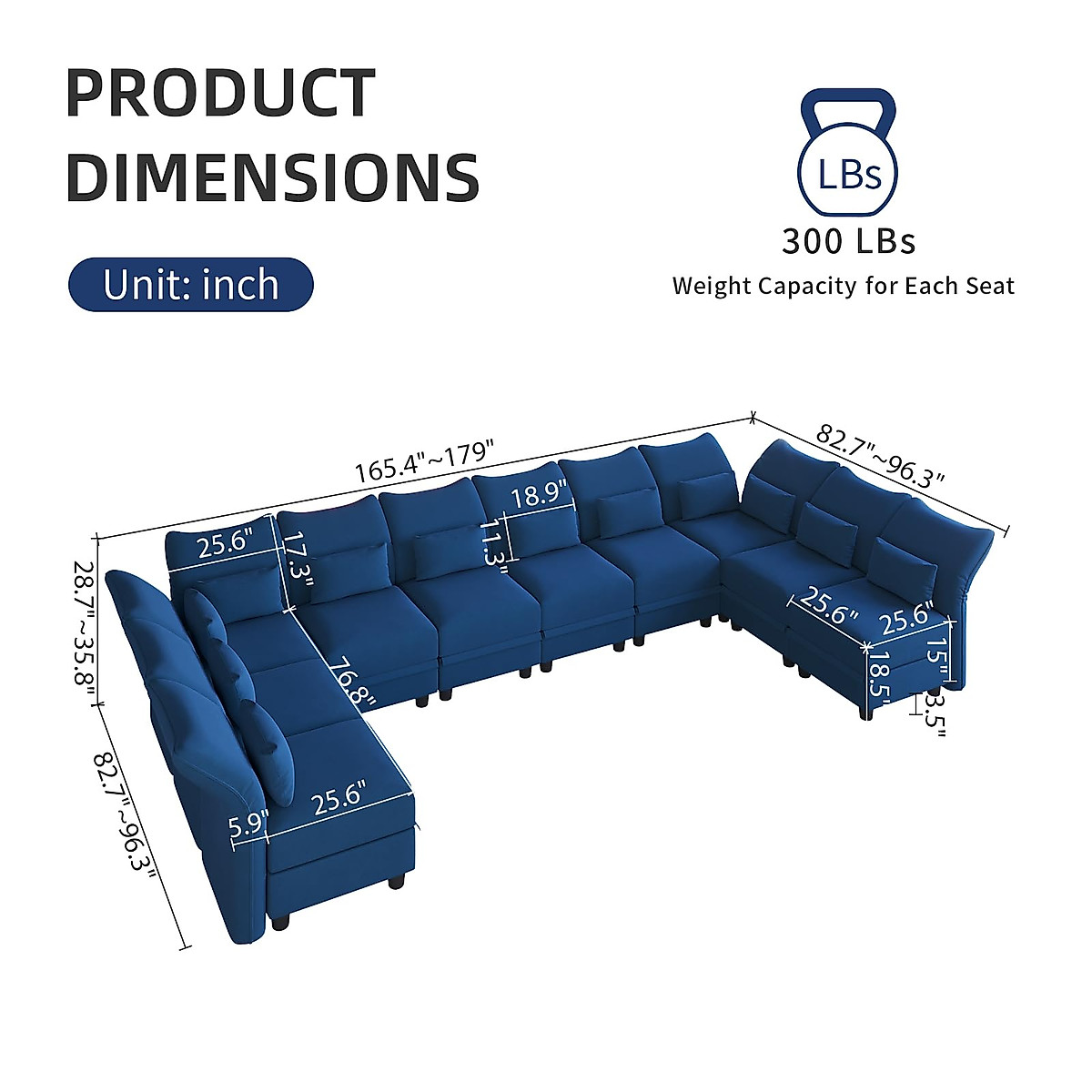 LLappuil Sectional Couch Convertible Oversize U Shaped Modular Sectional Sofa with Storage Easy Clean Anti-Scratch 10 Seat Velvet Sectional for Living Room, Blue