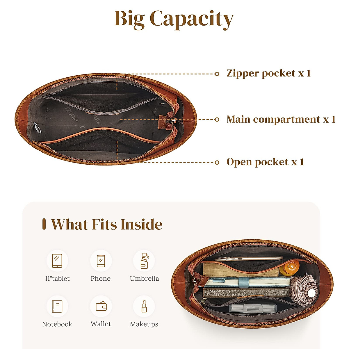 S-ZONE Women Genuine Leather Bucket Shoulder Bag Vintage Crossbody Purse with Outer Pocket