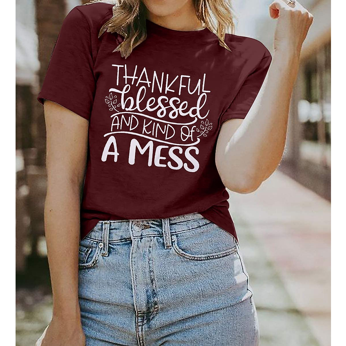 Thankful T Shirt Women Thankful Blessed and Kind of A Mess Shirt Casual Thanksgiving Tops (Red, S)