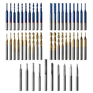 Genmitsu 50pcs Tungsten Carbide End Mill Router Bits, 1/8'' Shank CNC Bit Set Including 2-Flute Straight Bit, Flat Nose & Ball Nose End Mill, PCB Drill & V-Groove Engraving Bits, Nano Blue Coat, MC50A