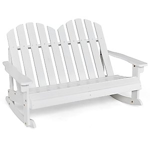 Giantex 2-Person Adirondack Rocking Chair - Kids Outdoor Rocking Bench with Slatted Seat, High Backrest, 220LBS Weight Capacity, Patio Rocker for Balcony, Yard, Poolside (1, White)