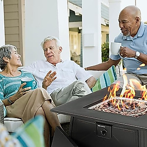 Four Seasons Courtyard Dual Heat 28 Inch Steel Square Gas Outdoor Backyard Tabletop Fire Pit with Lava Rocks and Steel Cover Lid, Black